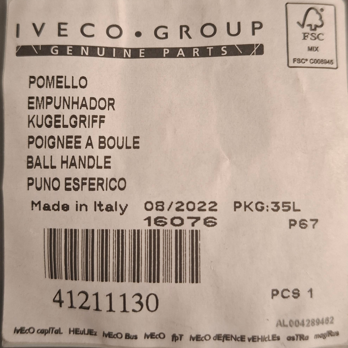 41211130 POMELLO COMANDO VALVOLA BLOCCAGGIO DIFFERENZIALE IVECO STRALI ...